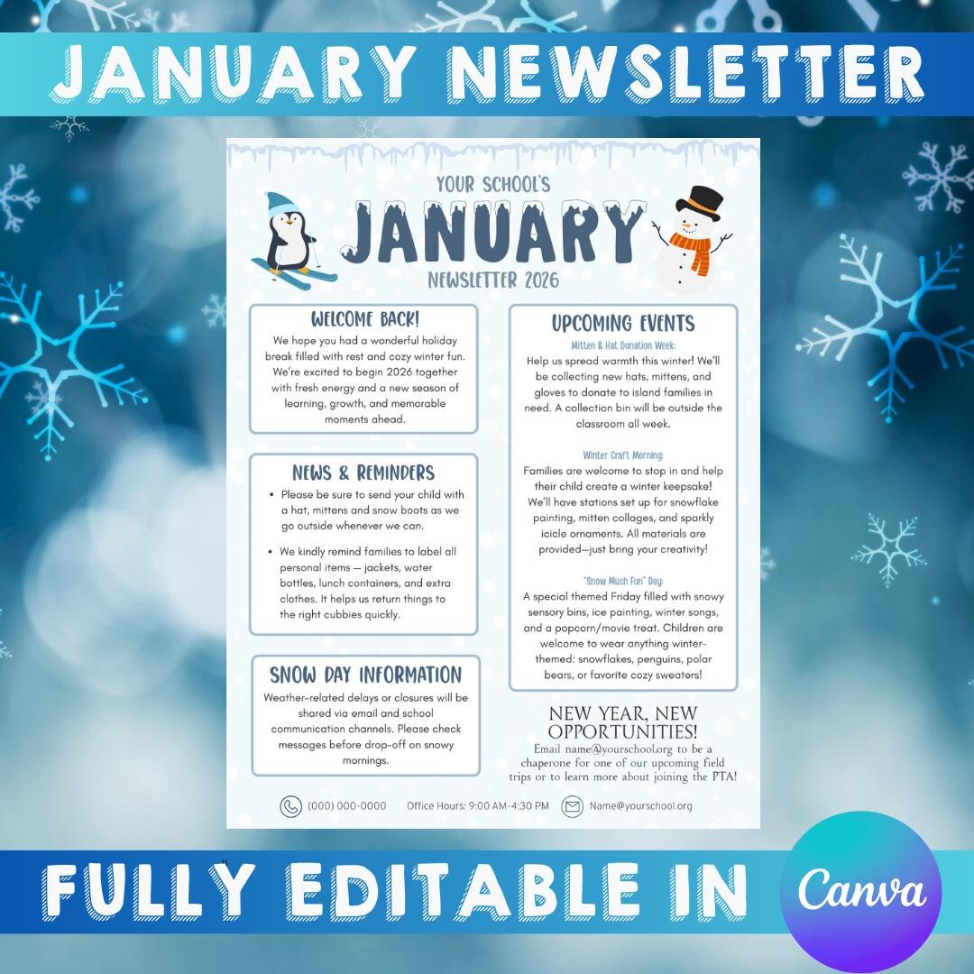 January Preschool Newsletter Template | Editable Canva Newsletter ...
