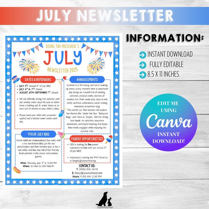July Editable Template, Option 2: PTO, PTA, Newsletter, Flyer, School ...