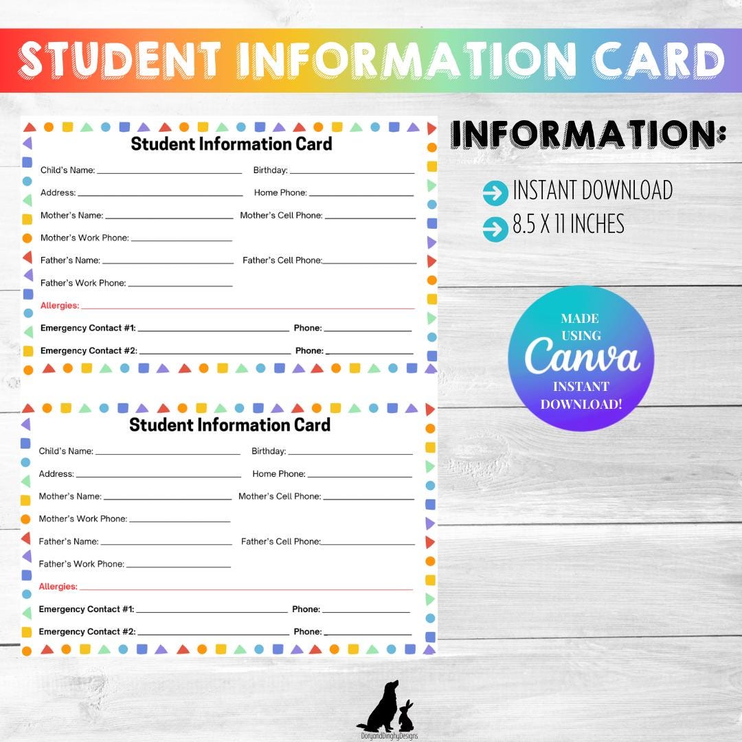 Student Information Card (shapes): Emergency Contact, School, Teacher ...