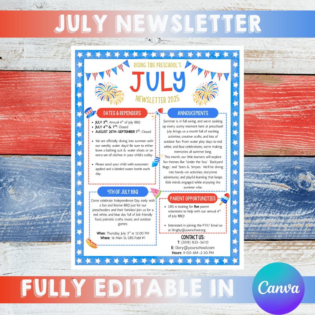 July Preschool Newsletter Template | Editable Canva | Daycare ...