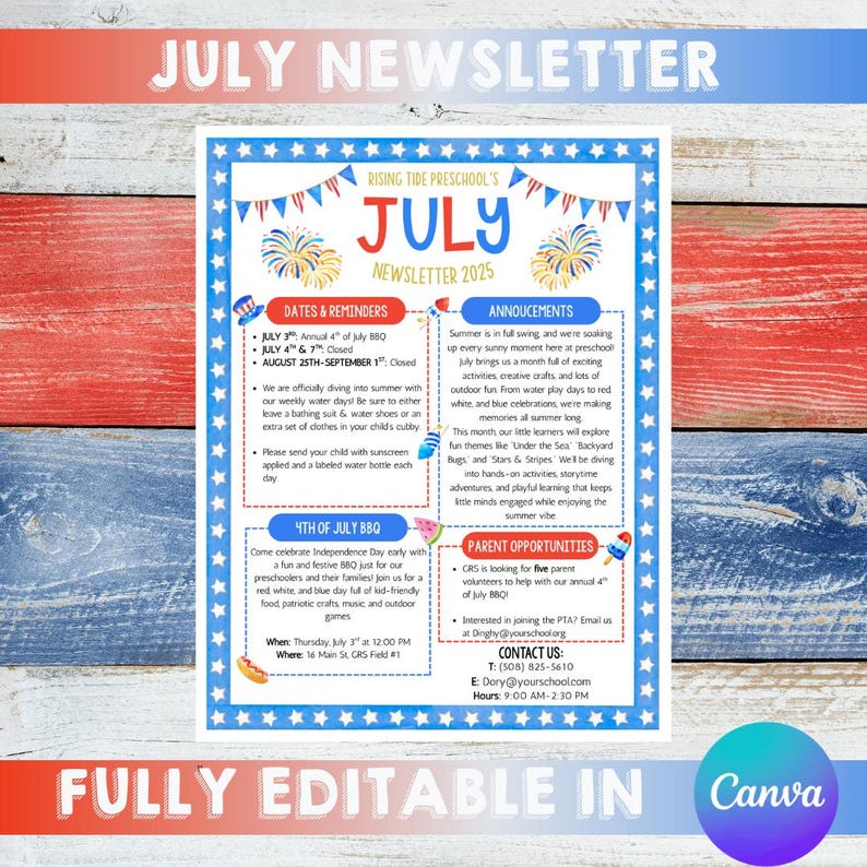 July Editable Template, Option 2: PTO, PTA, Newsletter, Flyer, School ...