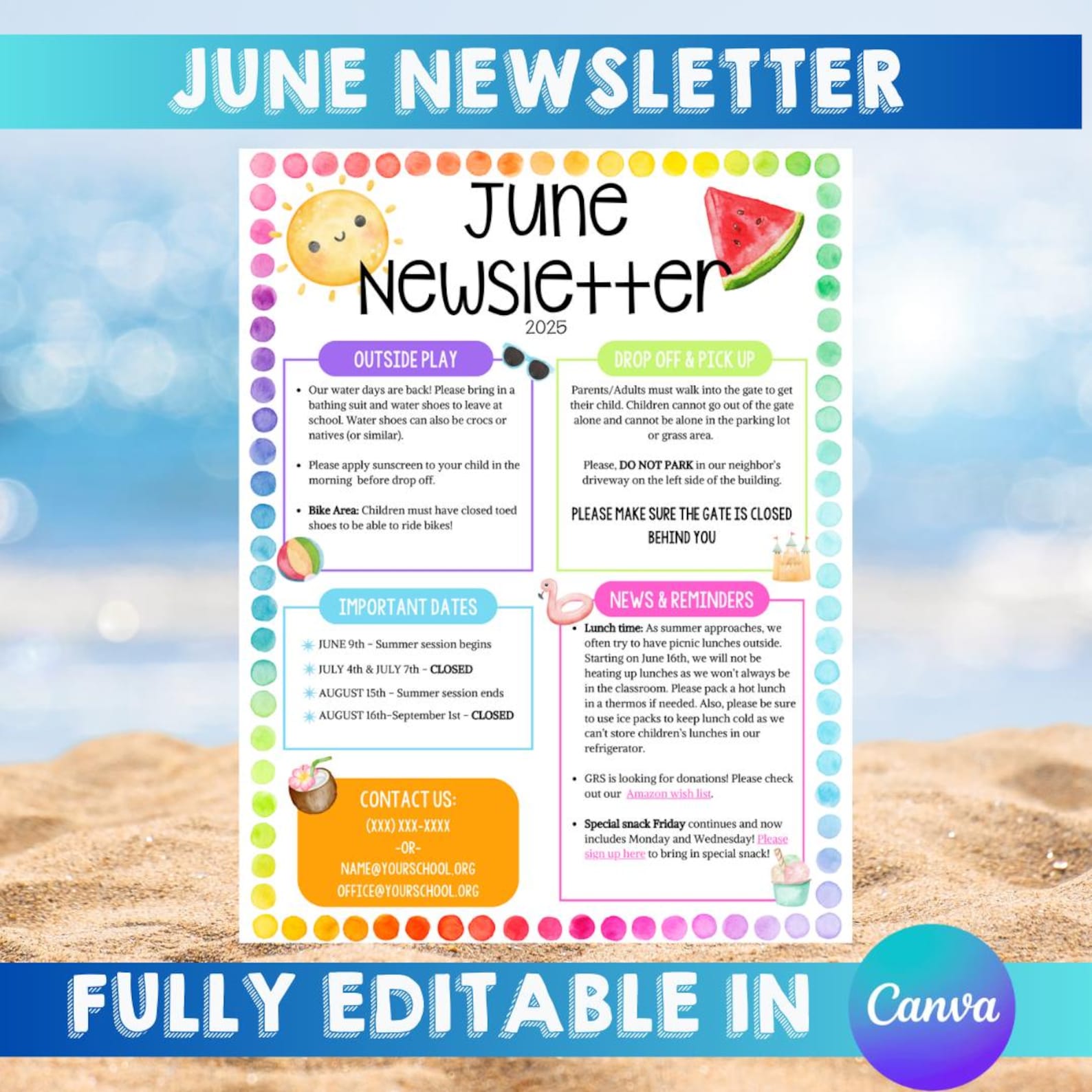 June Preschool Newsletter Template | Editable Canva Newsletter ...