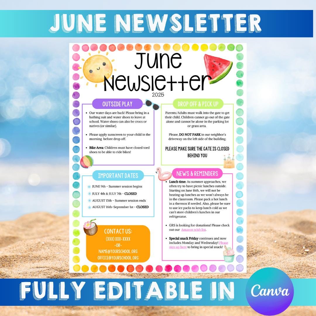June Preschool Newsletter Template | Editable Canva Newsletter ...