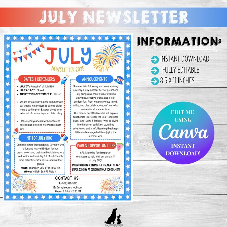 July Editable Template, Option 1: PTO, PTA, Newsletter, Flyer, School ...