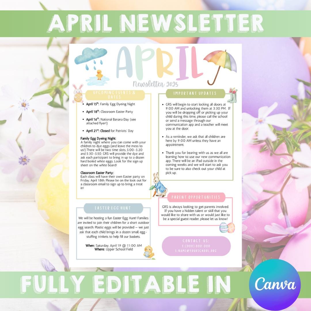 April Editable Template: PTO, PTA, Newsletter, Flyer, School Handout ...