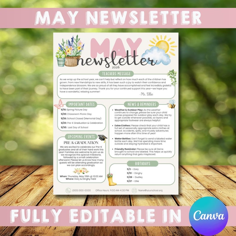 May Preschool Newsletter Template | Editable Canva Newsletter | Daycare ...