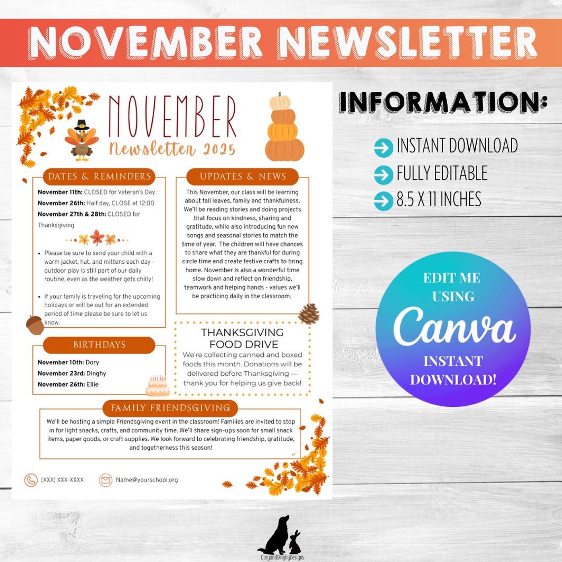 November Preschool Newsletter Template | Editable Canva Newsletter ...