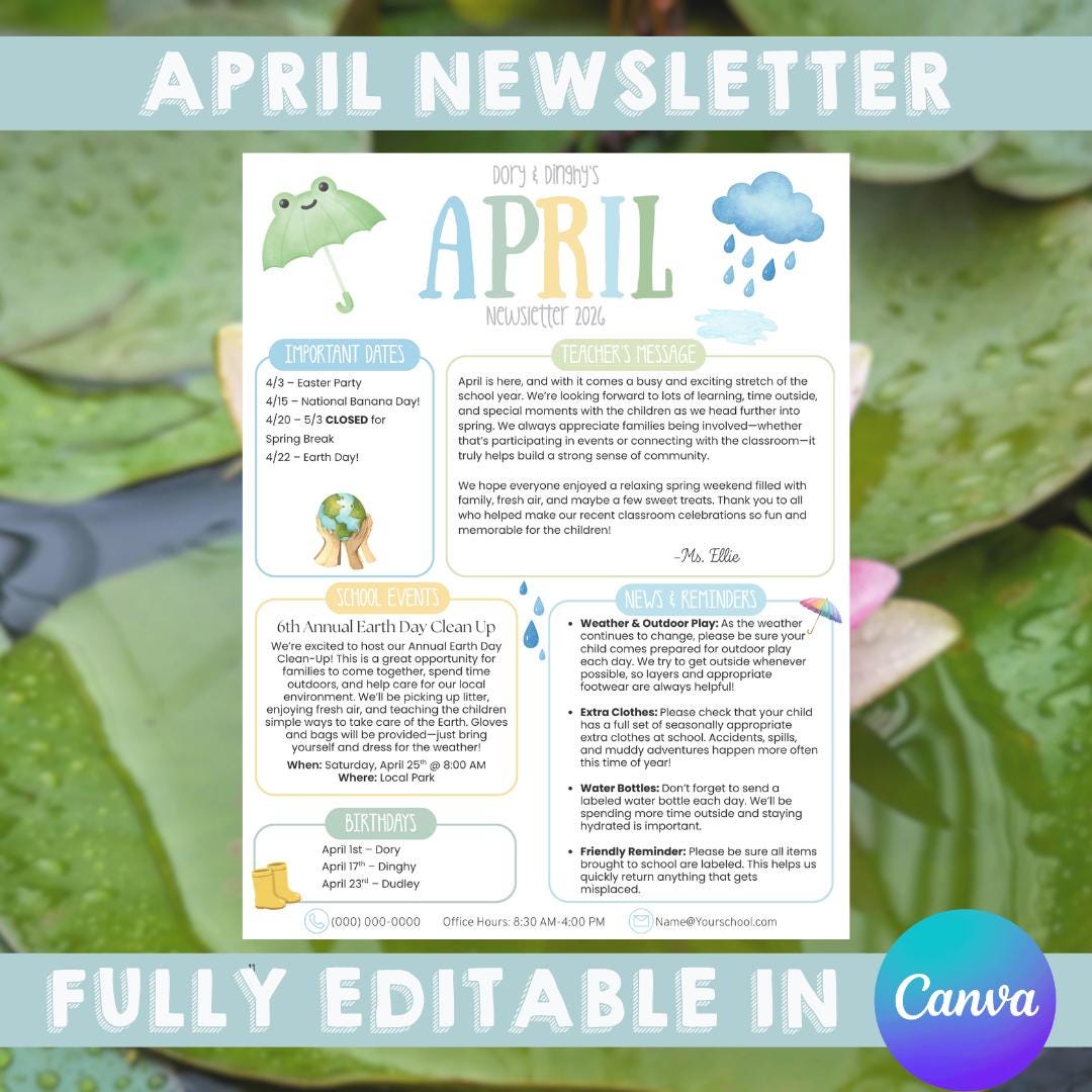 April Preschool Newsletter Template | Editable Canva | Daycare ...