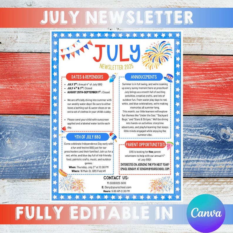 July Editable Template, Option 1: PTO, PTA, Newsletter, Flyer, School ...