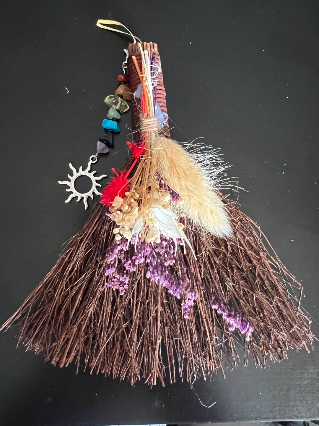 Cinnamon Broom Adorned With Red & Purple Flowers, Sun Charm, With ...
