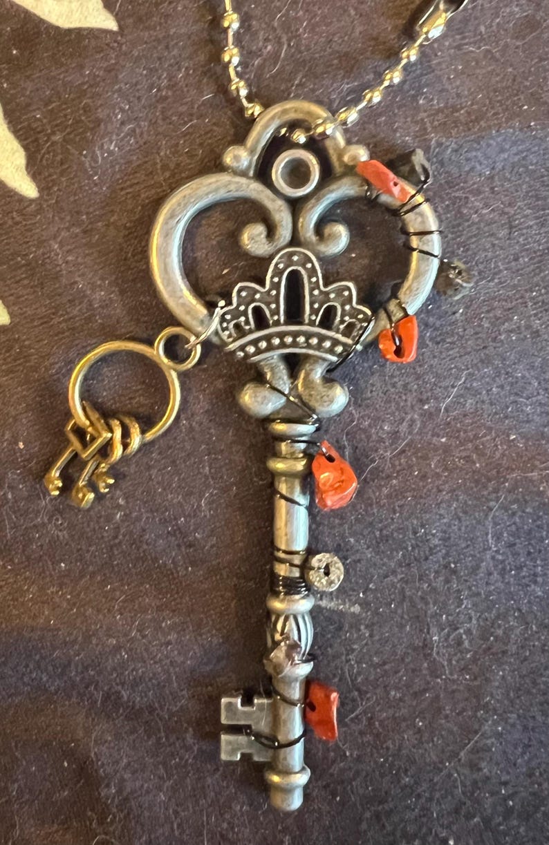 Wire Wrapped Skeleton Key Necklace With Natural Crystals and Charms ...