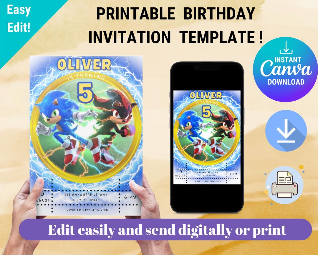 Editable Sonic Birthday Invitation | Super Hedgehog Boys Party Invite ...