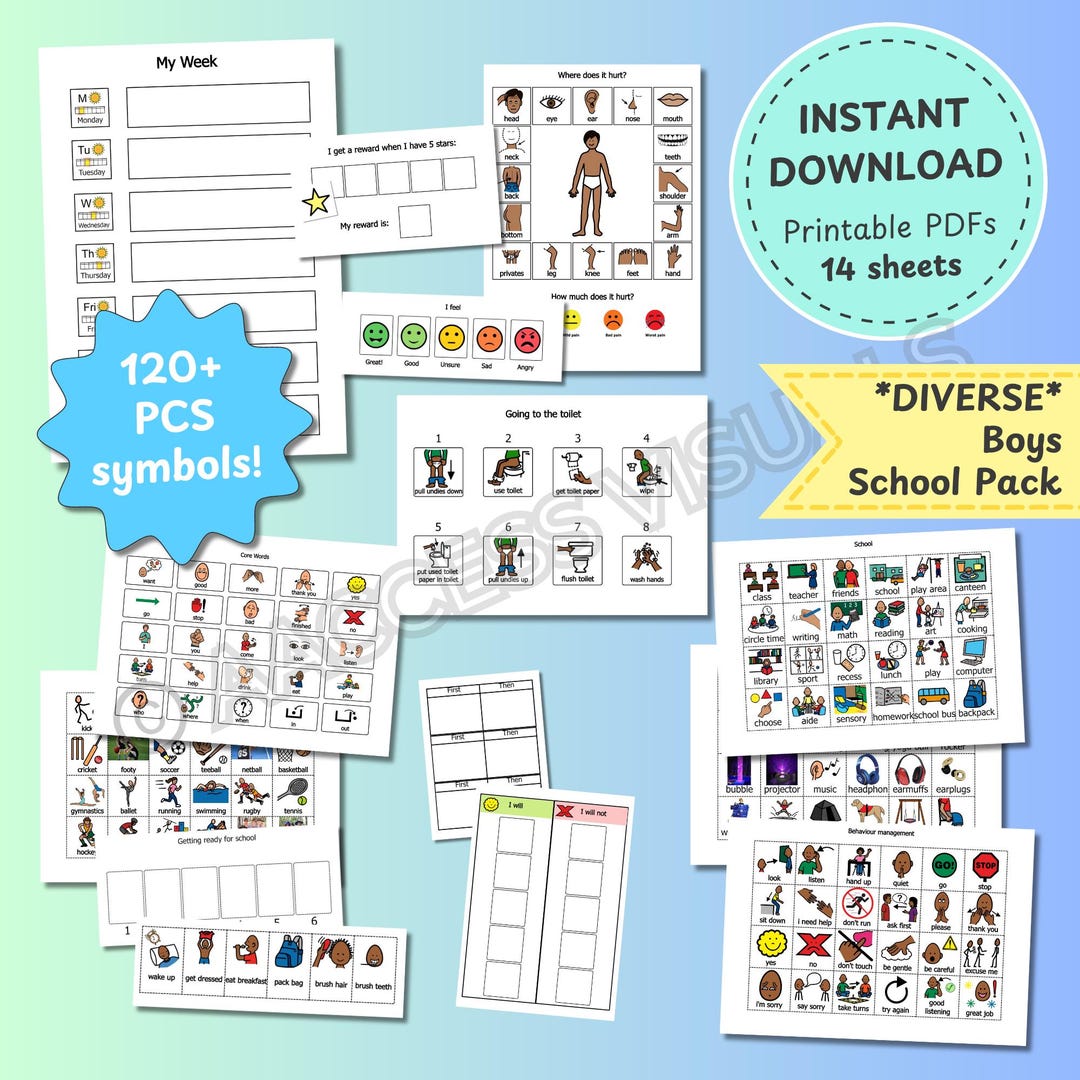 Diverse Boys School Pack - 120+ AAC Symbols Boardmaker Picture ...