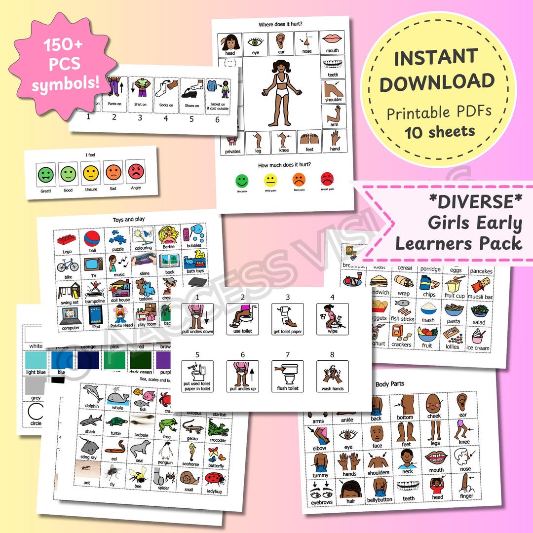 Diverse Girls Early Learners Pack 150+ AAC Symbols Boardmaker Picture ...