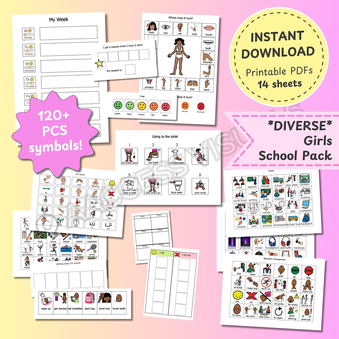Diverse Girls School Pack 120+ AAC Symbols Boardmaker Picture ...