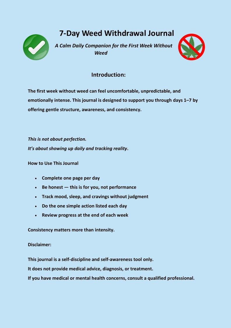 7-day Weed Withdrawal Journal | Quit Weed Tracker for Mood, Sleep ...
