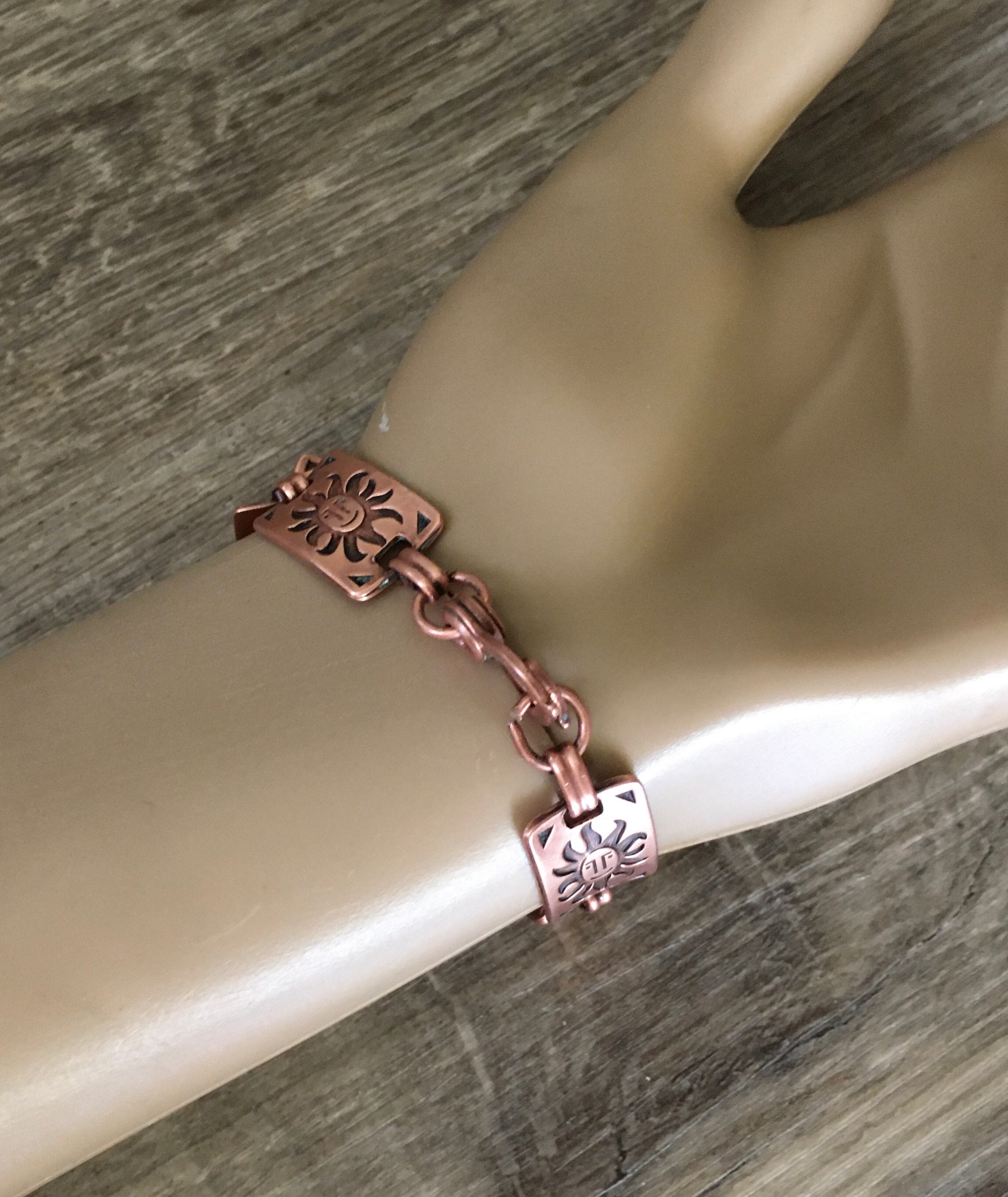 Solid Copper Vintage Link Bracelet Smiling Sun Designs 7.75 Long - Etsy