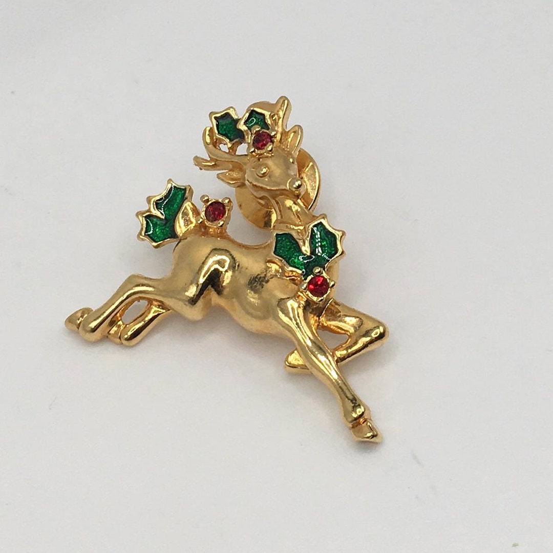 Avon, Reindeer Gold Tone Green Holly Red Gems Vintage Christmas Pin ...