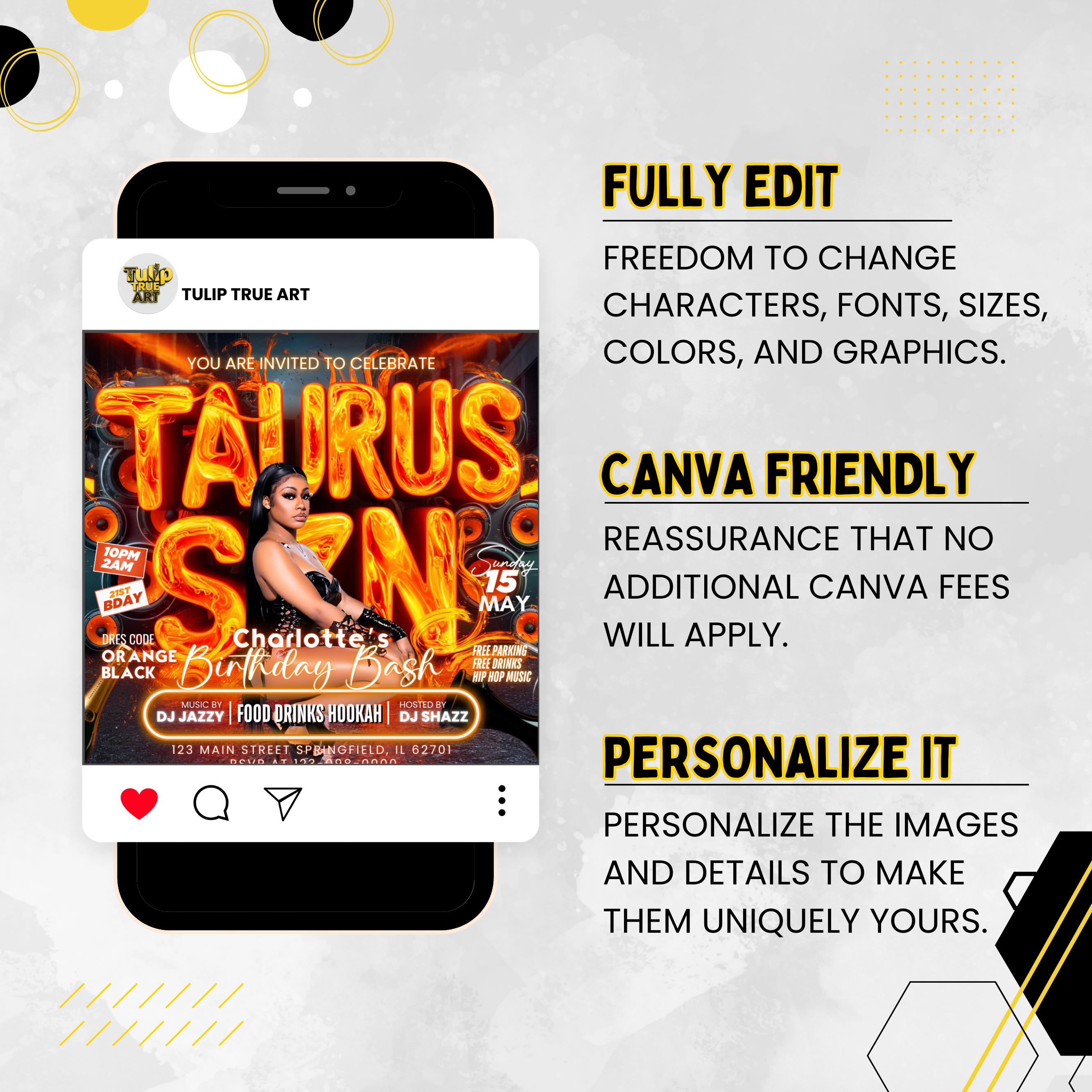 Taurus Season Party Flyer, Birthday Szn Flyer, Taurus Invitation Flyer ...