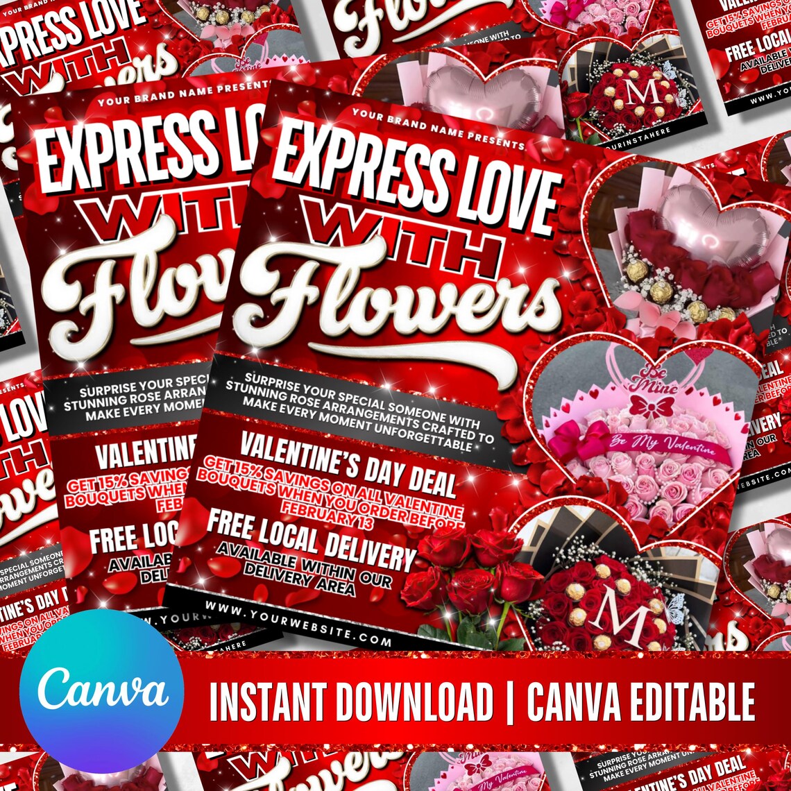 Valentine’s Day Flower Sale Flyer Template, Flower Bouquet Bookings ...
