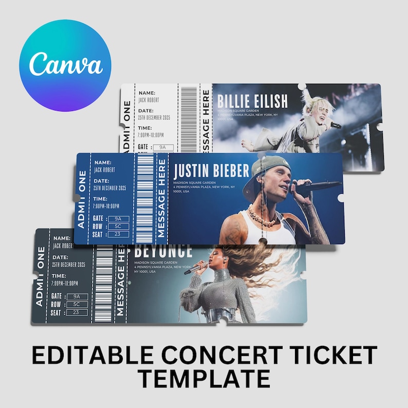 Editable Concert Ticket Canva, DIY Tickets Template, Printable Custom ...