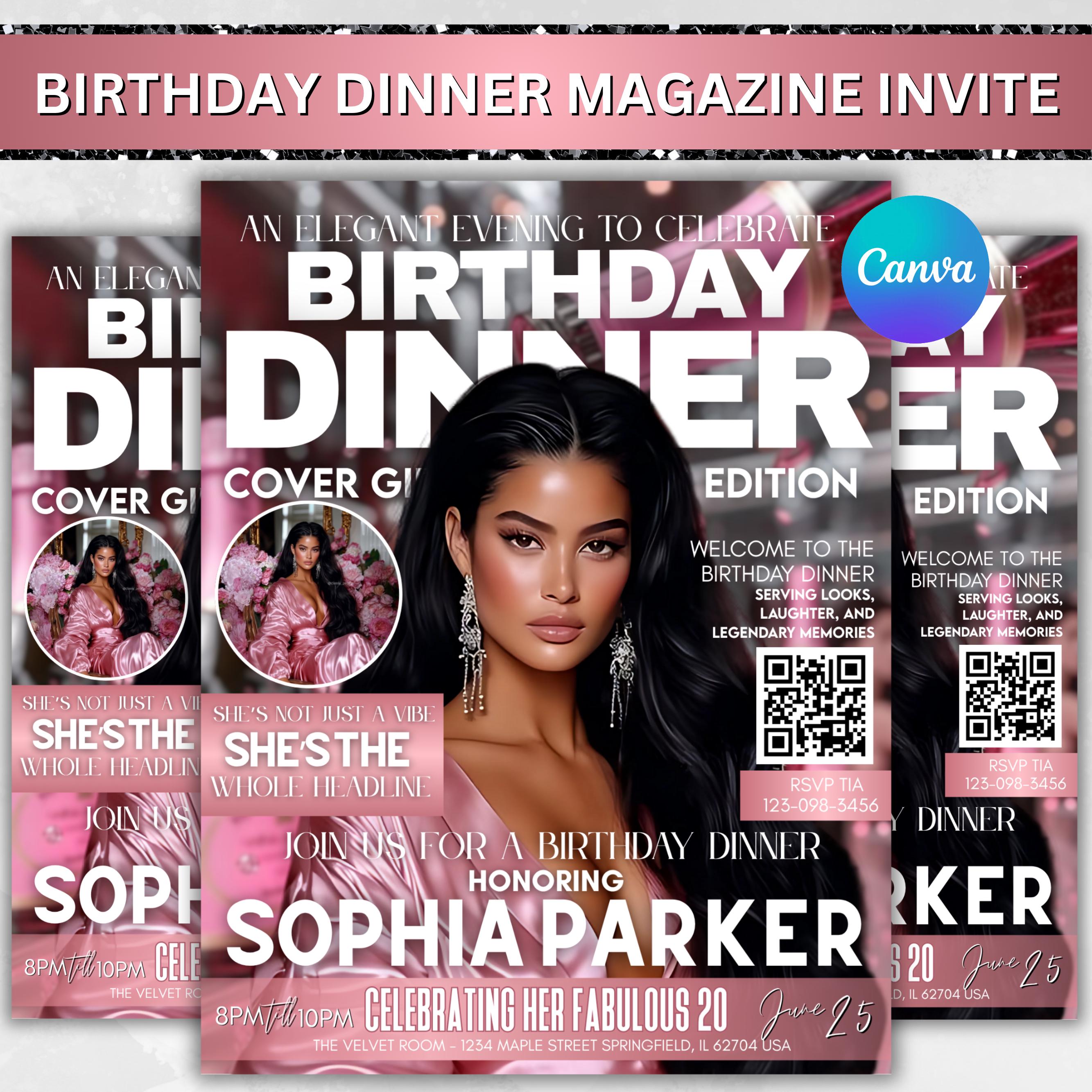 Dinner Magazine Birthday Invitation, Editable Digital Evite Template ...