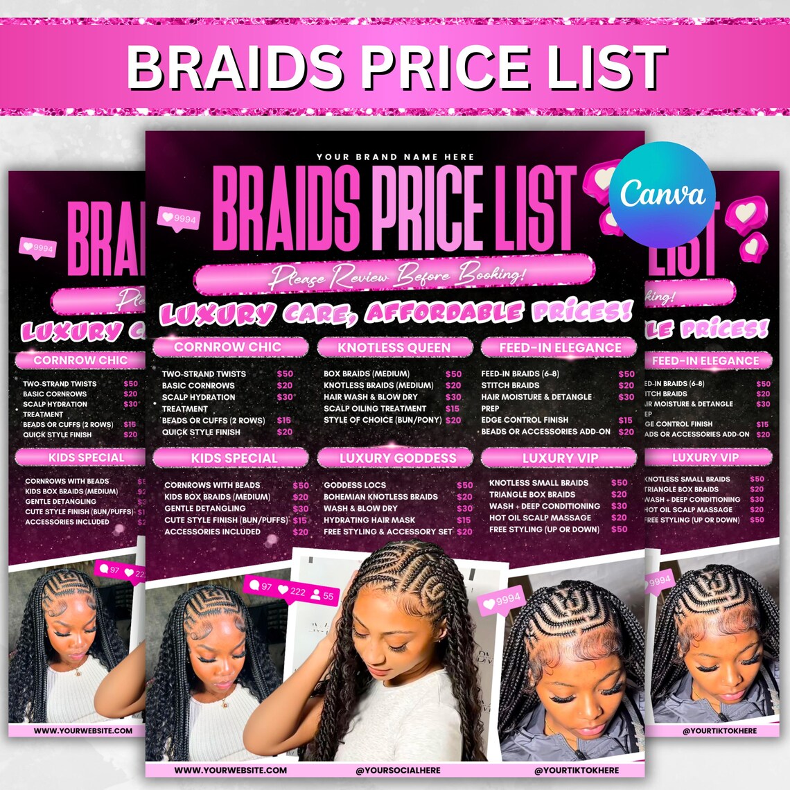 Braids Pricelist Template: Knotless Braids, Lash & Hair (canva Editable ...