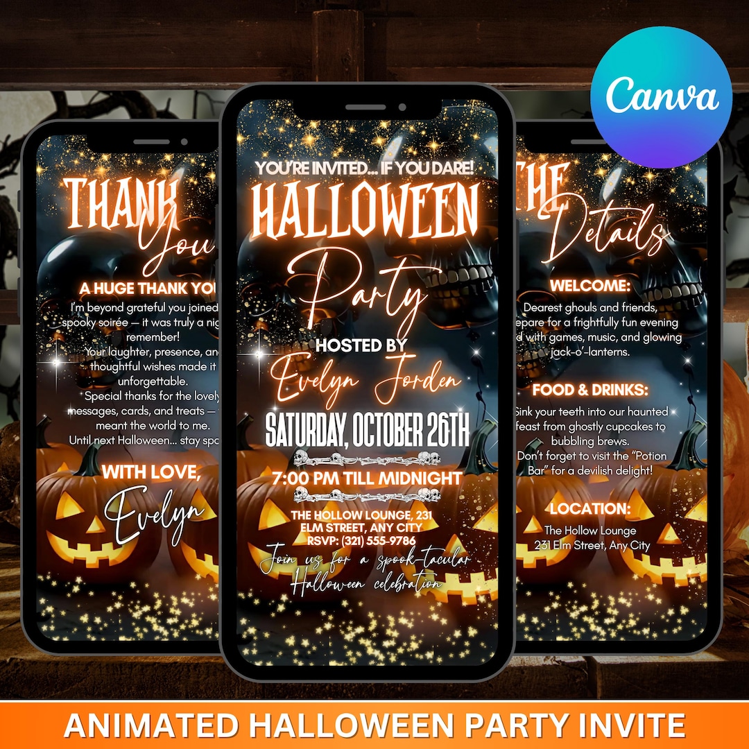 Digital Halloween Party Invitation, Animated Scull Pumpkin Party Video ...