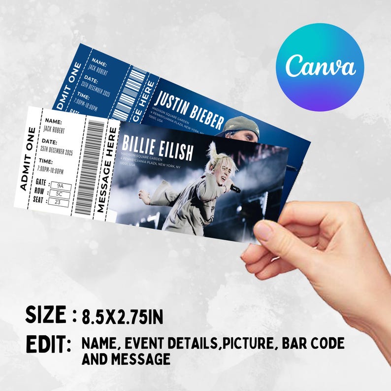 Editable Concert Ticket Canva, DIY Tickets Template, Printable Custom ...