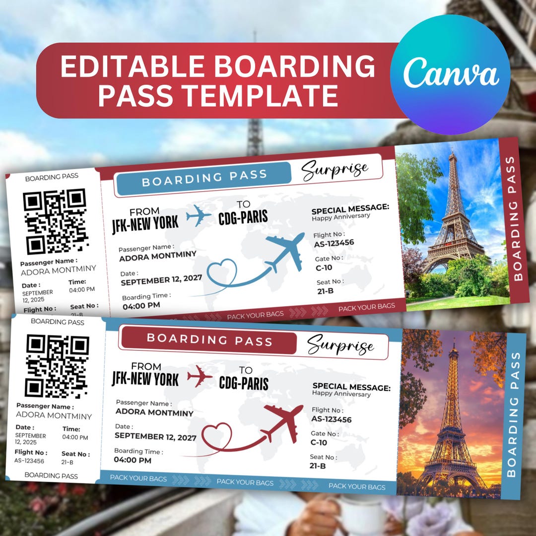 Printable Boarding Pass Airline Ticket Gift Surprise Trip Reveal ...