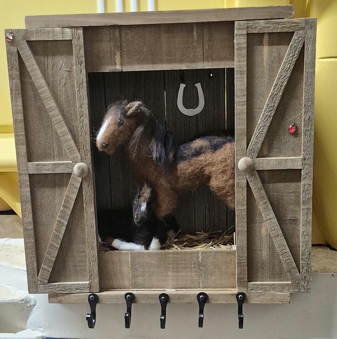 Mare and Foal in Barn Shadow Box Wall Mount - 5 Key Holder - Etsy