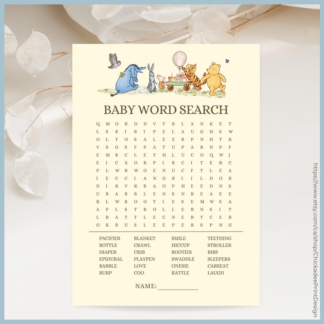 Classic Winnie the Pooh Baby Shower Game - Baby Word Search Printable ...