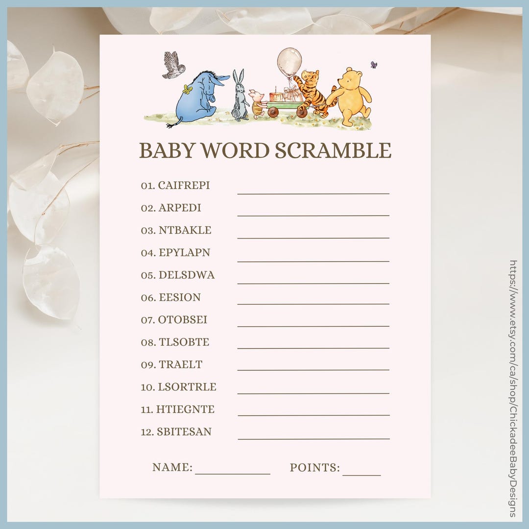 Pink Classic Winnie the Pooh Baby Shower Game Baby Word Scramble ...