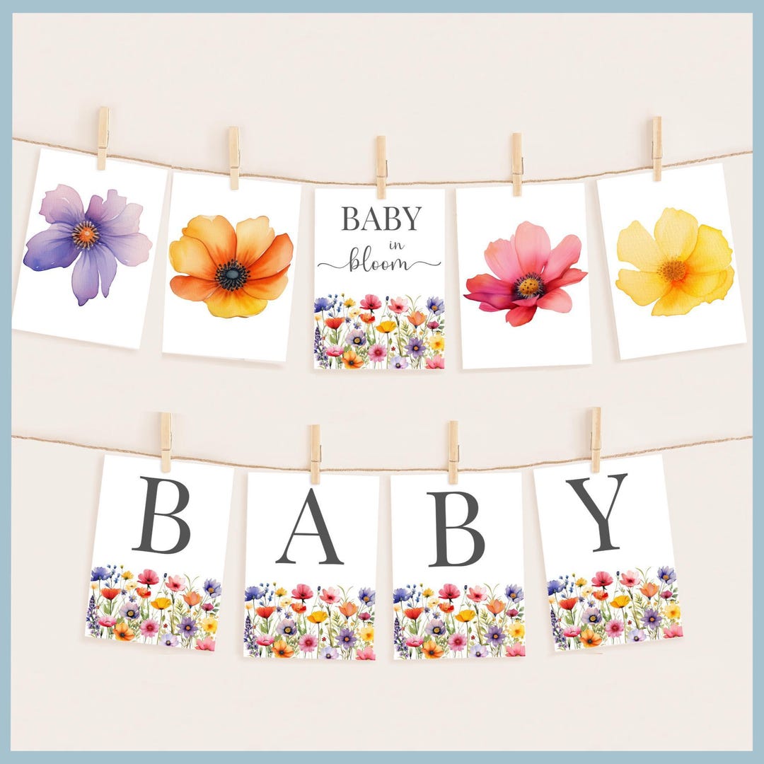 Baby in Bloom Theme Baby Shower Bunting Banner Sign Printable Template ...
