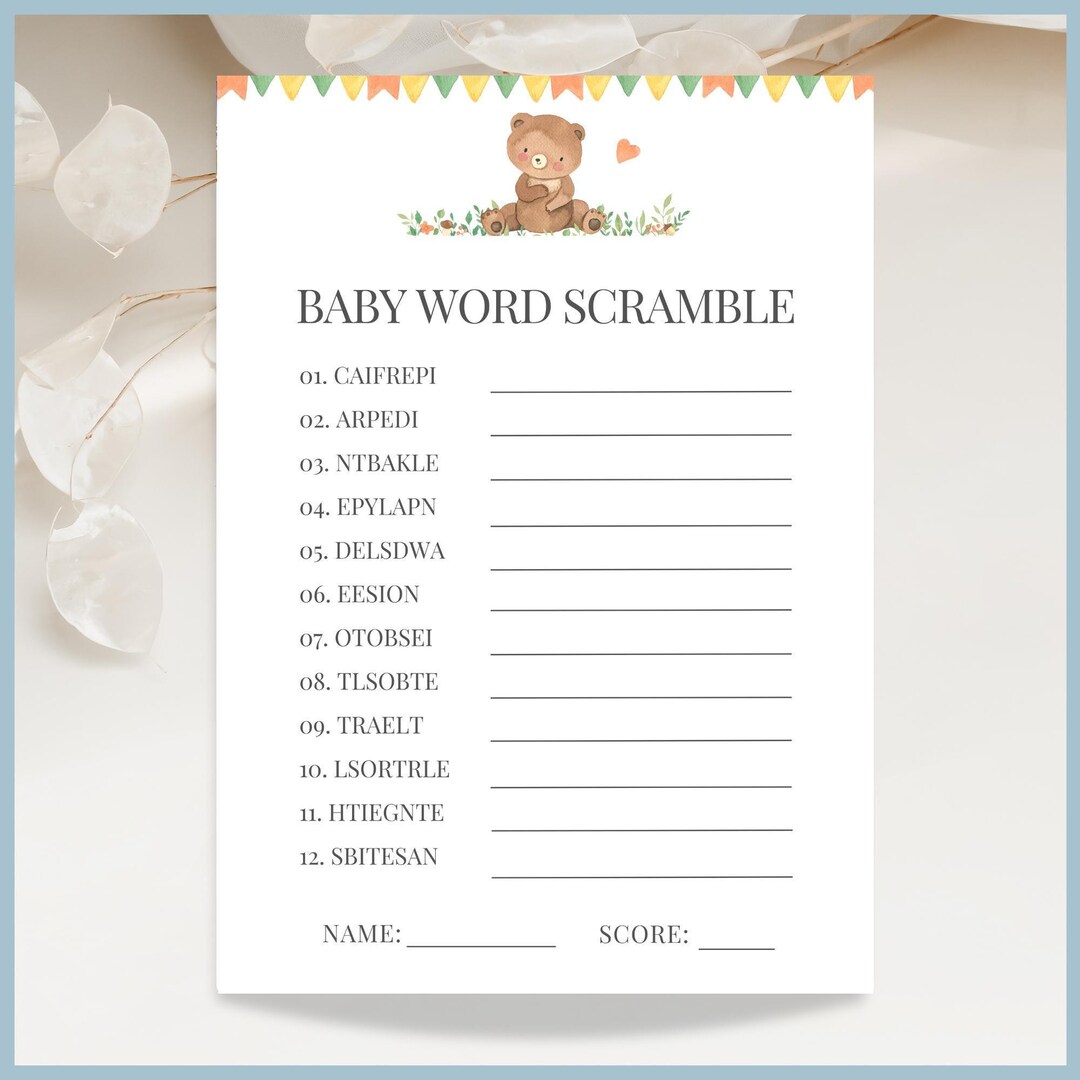 We Can Bearly Wait Theme Baby Shower Game - Baby Word Scramble Set ...