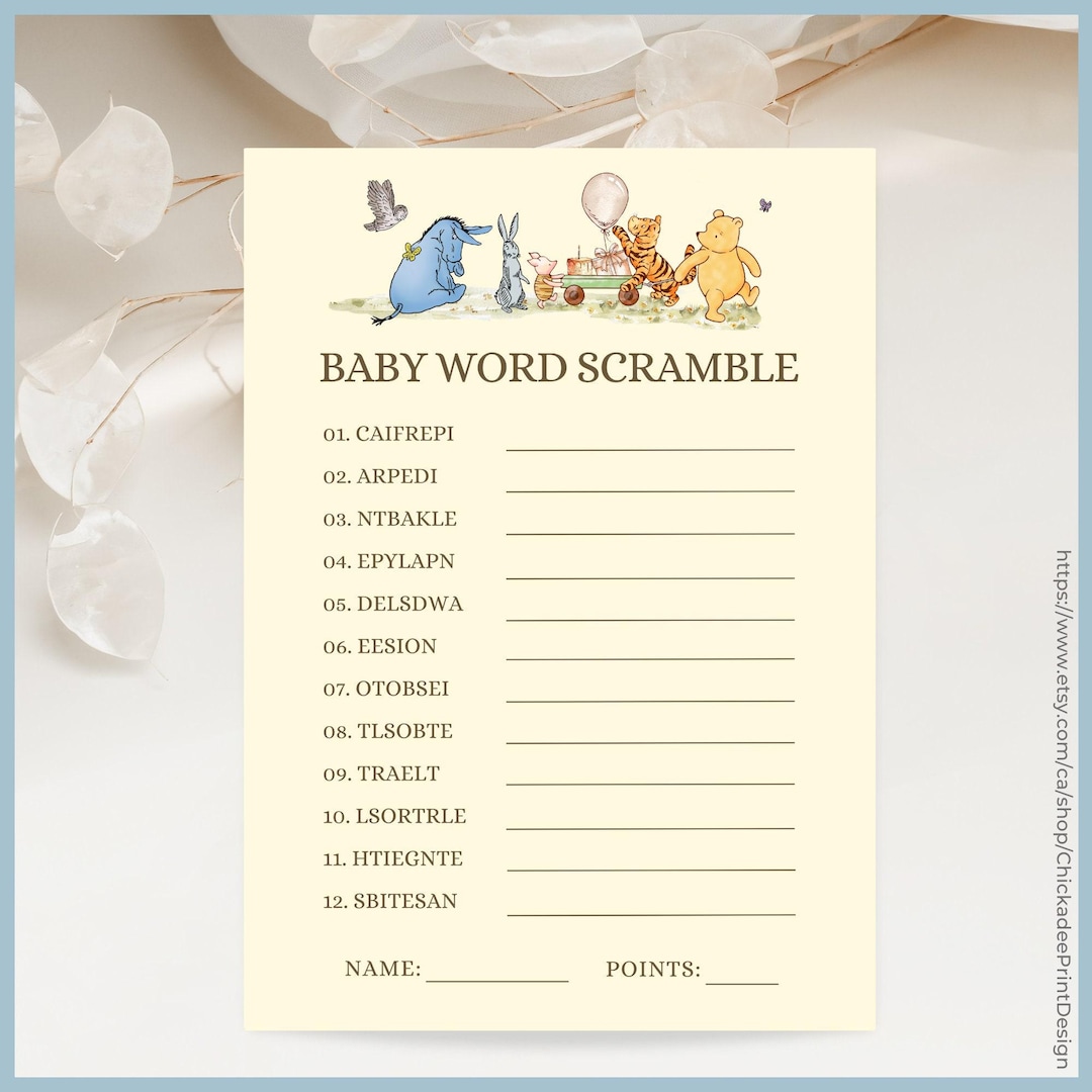 Classic Winnie the Pooh Baby Shower Game - Baby Word Scramble Printable ...