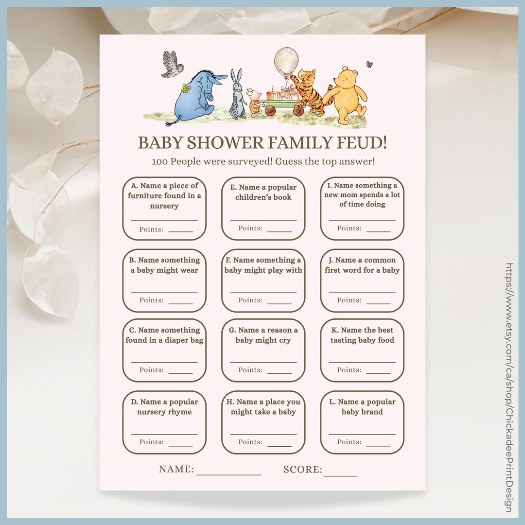 Pink Classic Winnie the Pooh Baby Shower Game Family Feud Set ...
