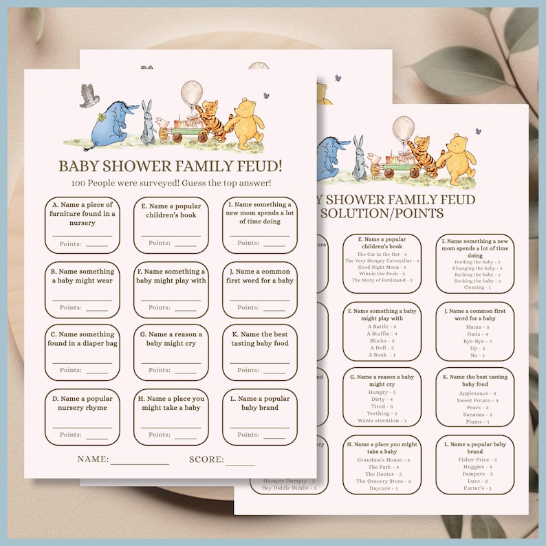 Pink Classic Winnie the Pooh Baby Shower Game Family Feud Set ...
