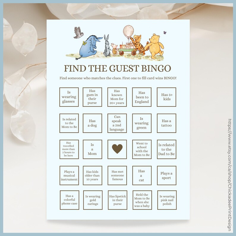 Blue Classic Winnie the Pooh Baby Shower Game - Find the Guest Bingo ...