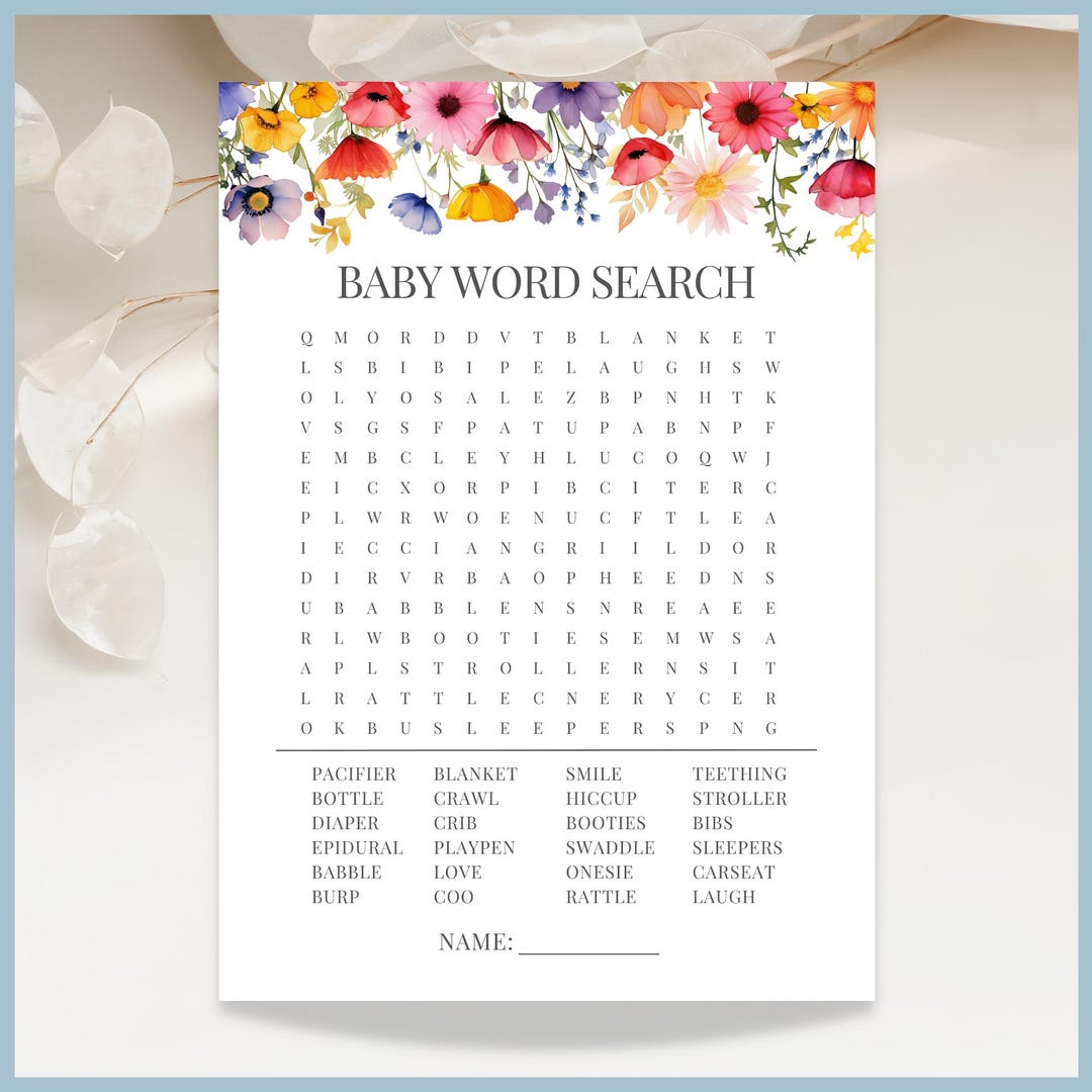 Baby in Bloom Theme Baby Shower Game - Baby Word Search Set Printable ...