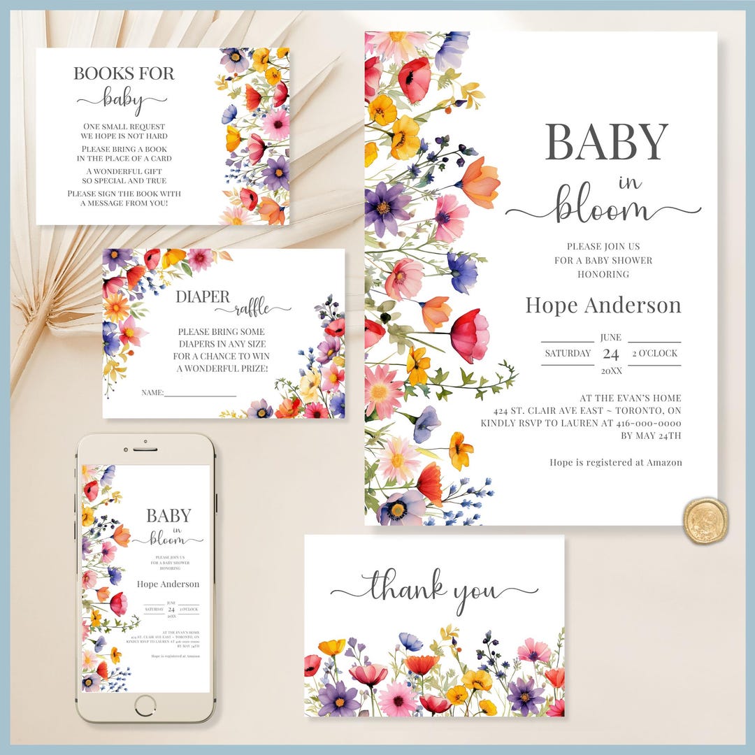 Baby in Bloom Theme Baby Shower Invitation Set Bundle Printable ...