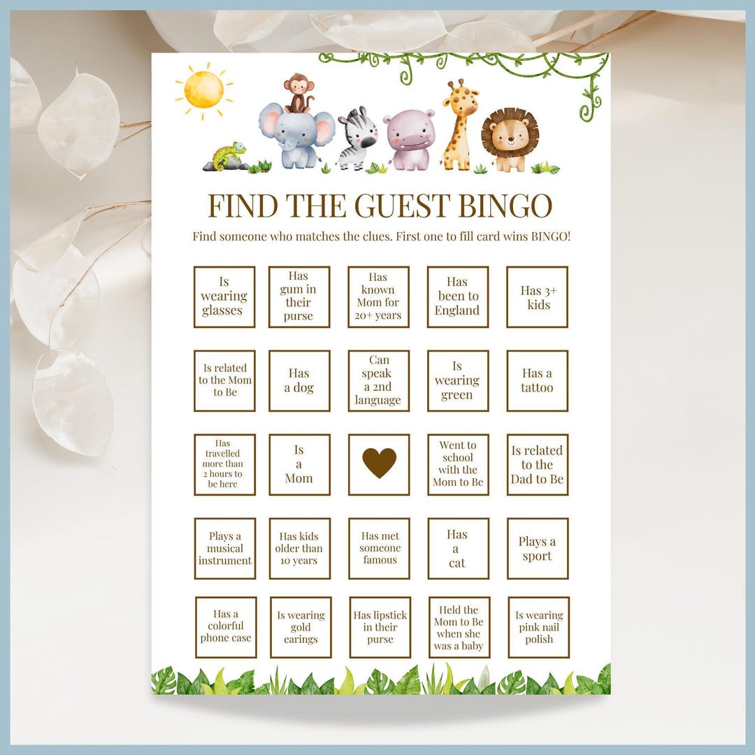 Oh Baby Safari Animals Theme Baby Shower Game - Find the Guest Bingo ...