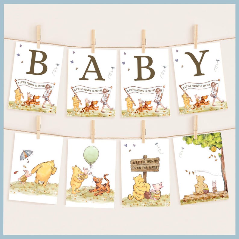 White Classic Winnie the Pooh Baby Shower Bunting Banner Sign Printable ...