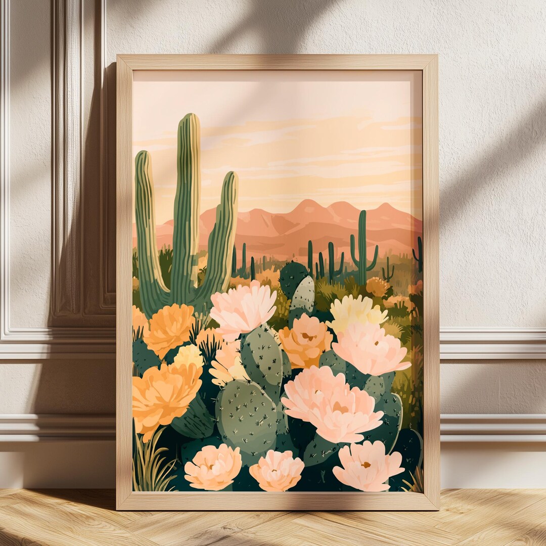 Boho Cactus Sunset Landscape Art Print, Earth Tones Boho Sunset ...