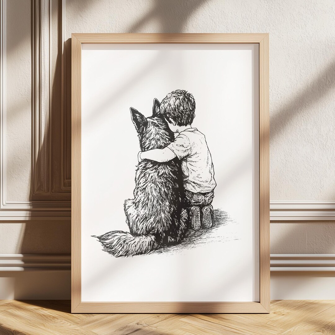Little Boy With Puppy Dog Print, Dog Sketch Art, Nursery Vintage Poster ...