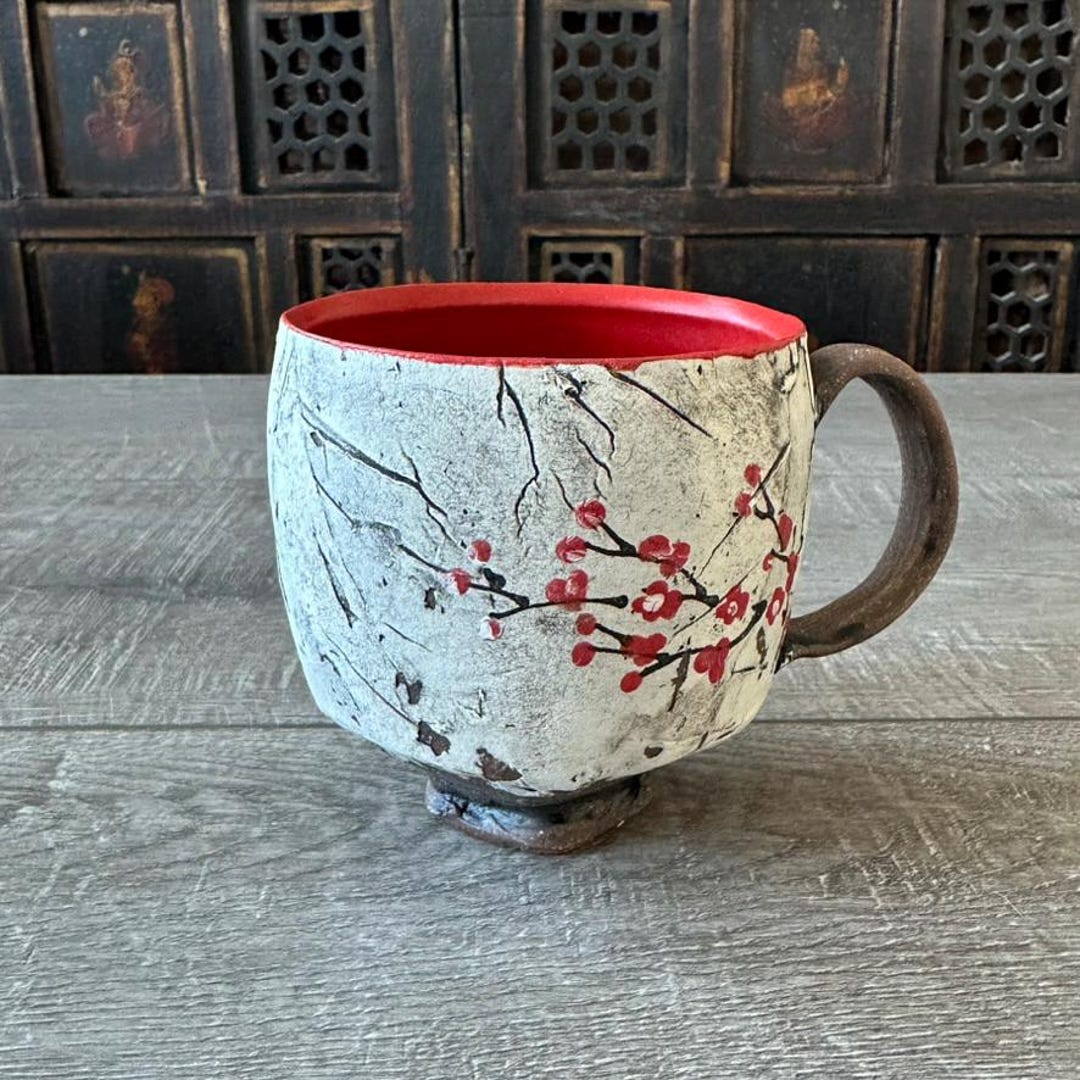 Hand Painted Cherry Blossom Mug: Textured Matte Ceramic Mug, 11 Oz - Etsy