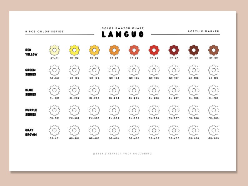 Languo Acrylic Marker Swatch Chart for Colour Series | 14 Sets X 9 ...