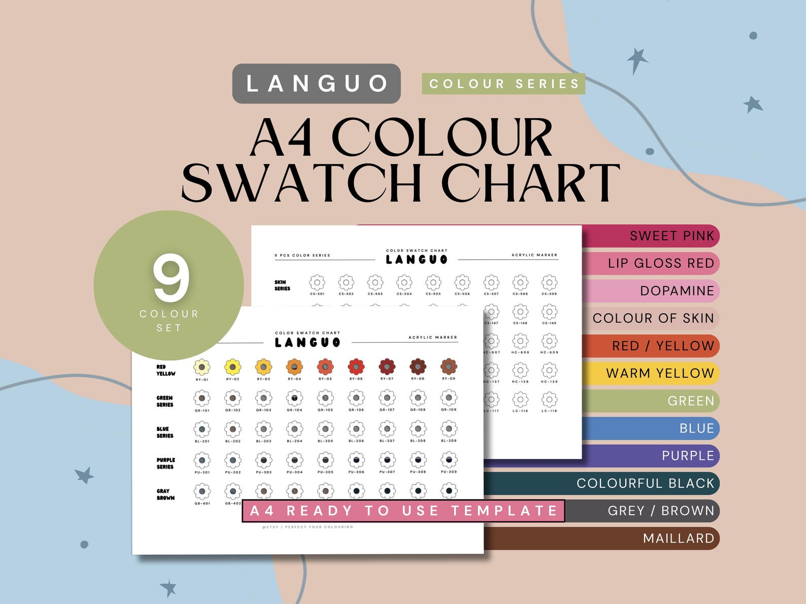 Languo Acrylic Marker Swatch Chart for Colour Series | 14 Sets X 9 ...