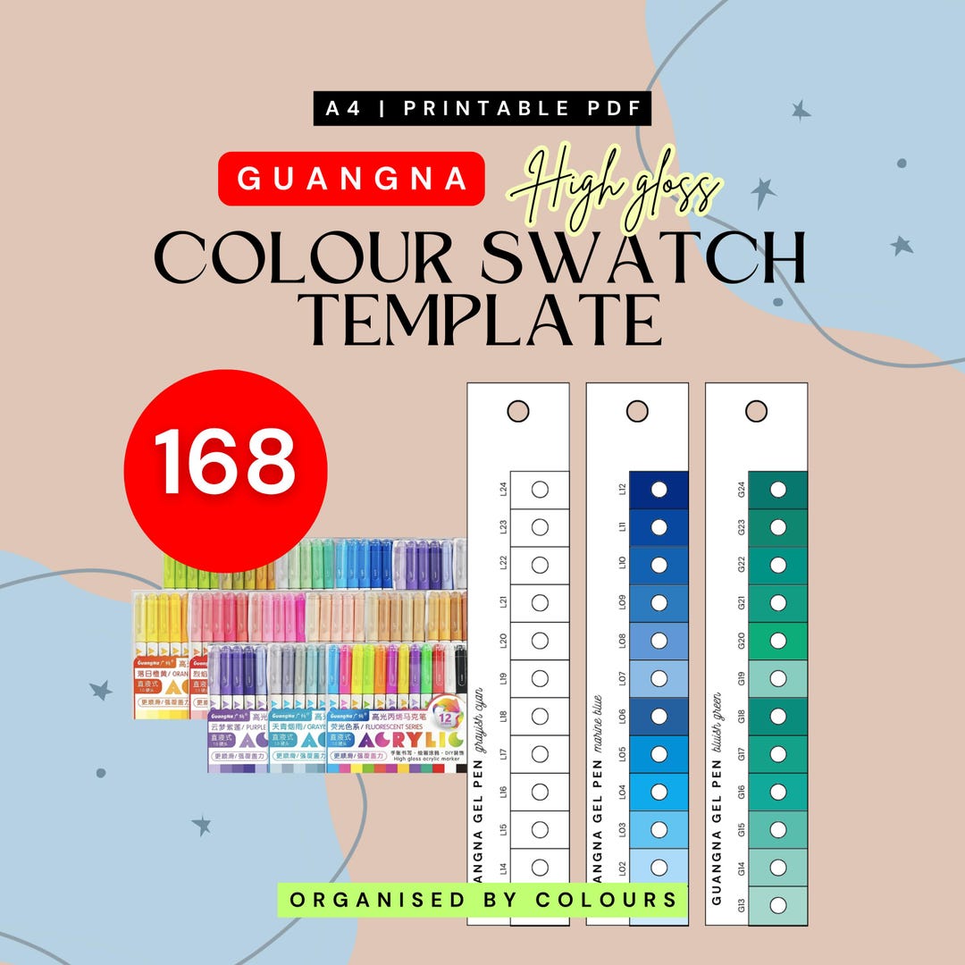 Guangna Acrylic Marker Swatch Template: 168 Color Chart (digital PDF ...