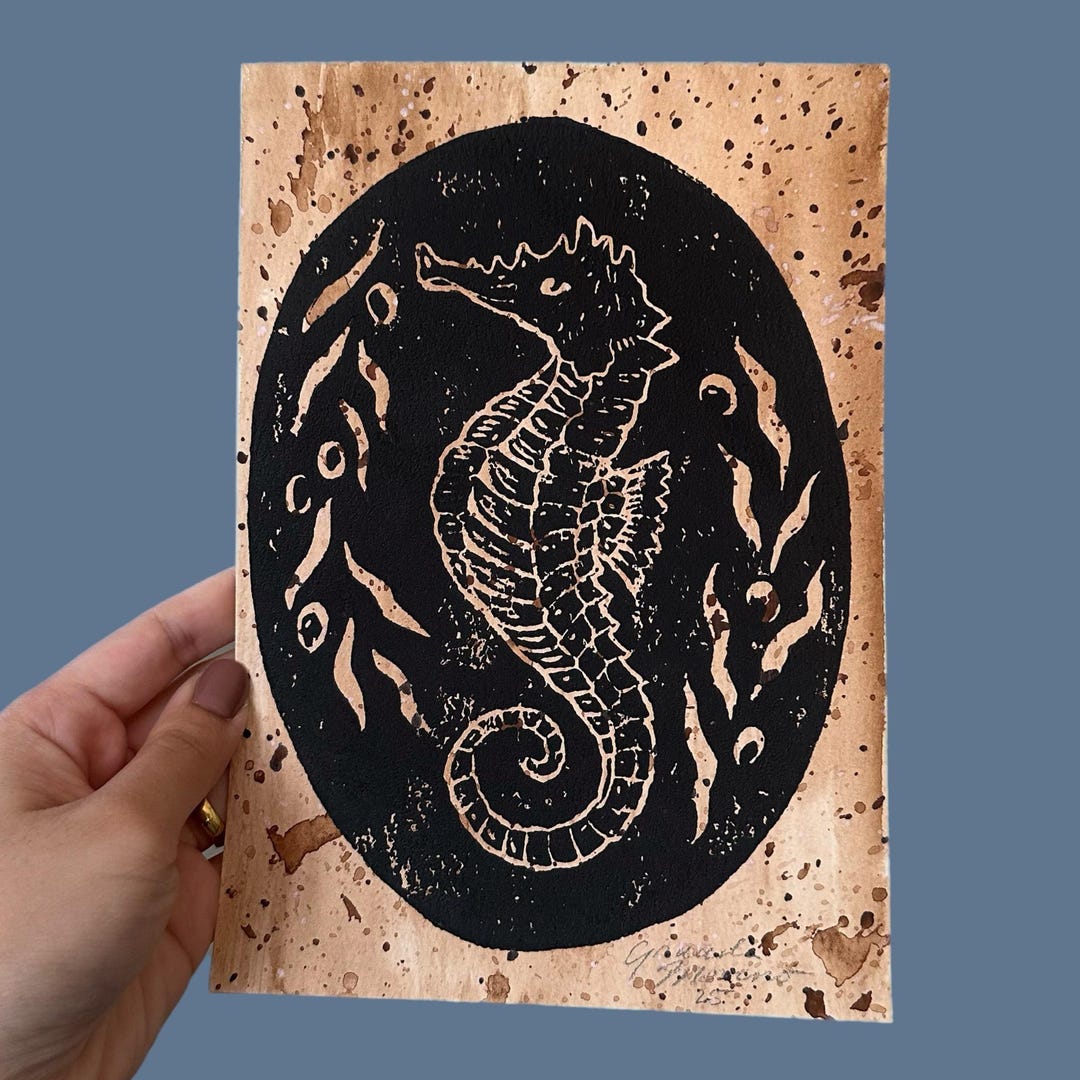 Seahorse - Original Block Print - One of a Kind - Artist Signed ...